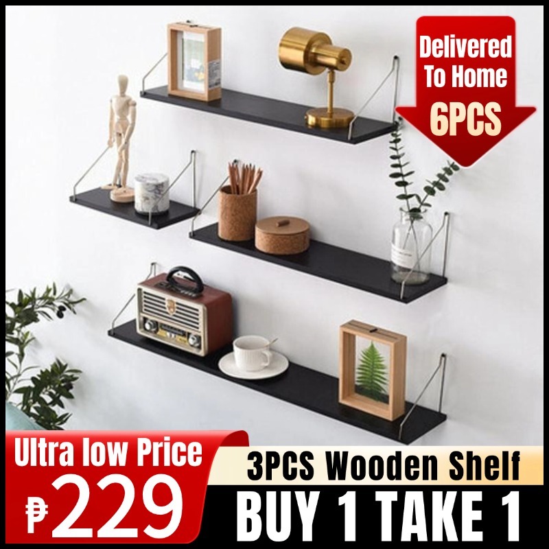 BUY 1 TAKE 1 Black Wooden Wall Shelf Set Hanging Shelves Wall Book ...