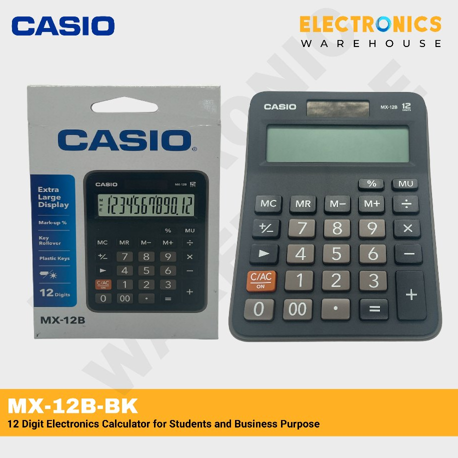 CASIO MX-12B, 12 Digit Calculator with Extra Large Display, Dual Power Battery & Solar Both ...