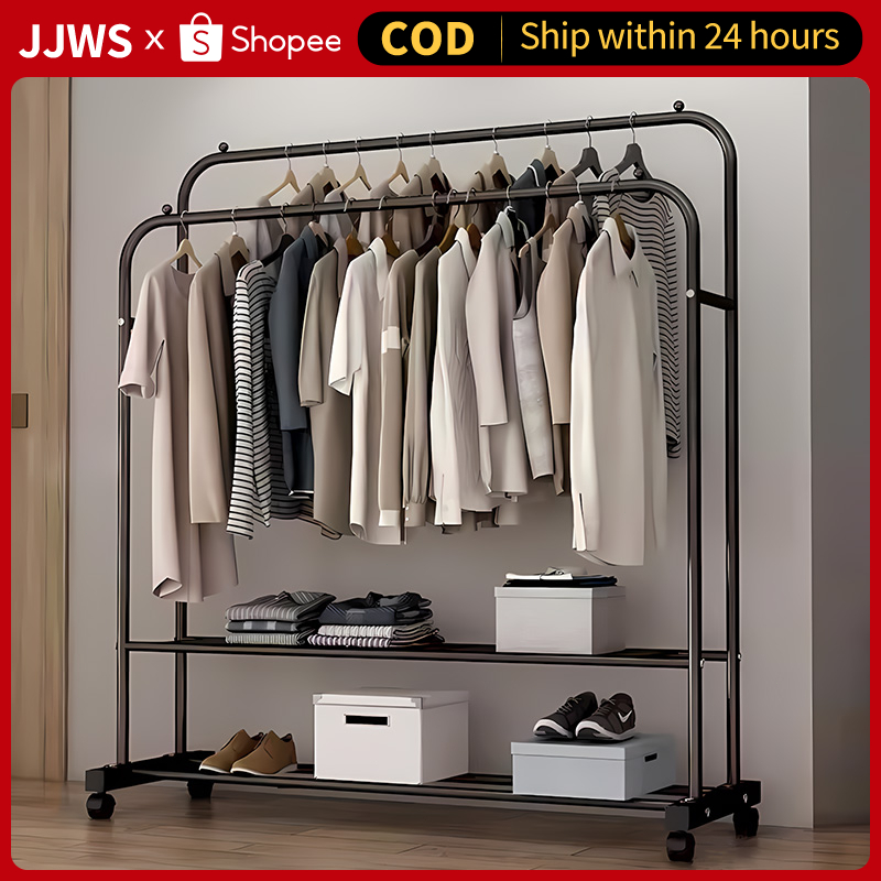 JJWS Double Pole Clothes Rack Bedroom Drying Hanger Rack for Bedroom ...