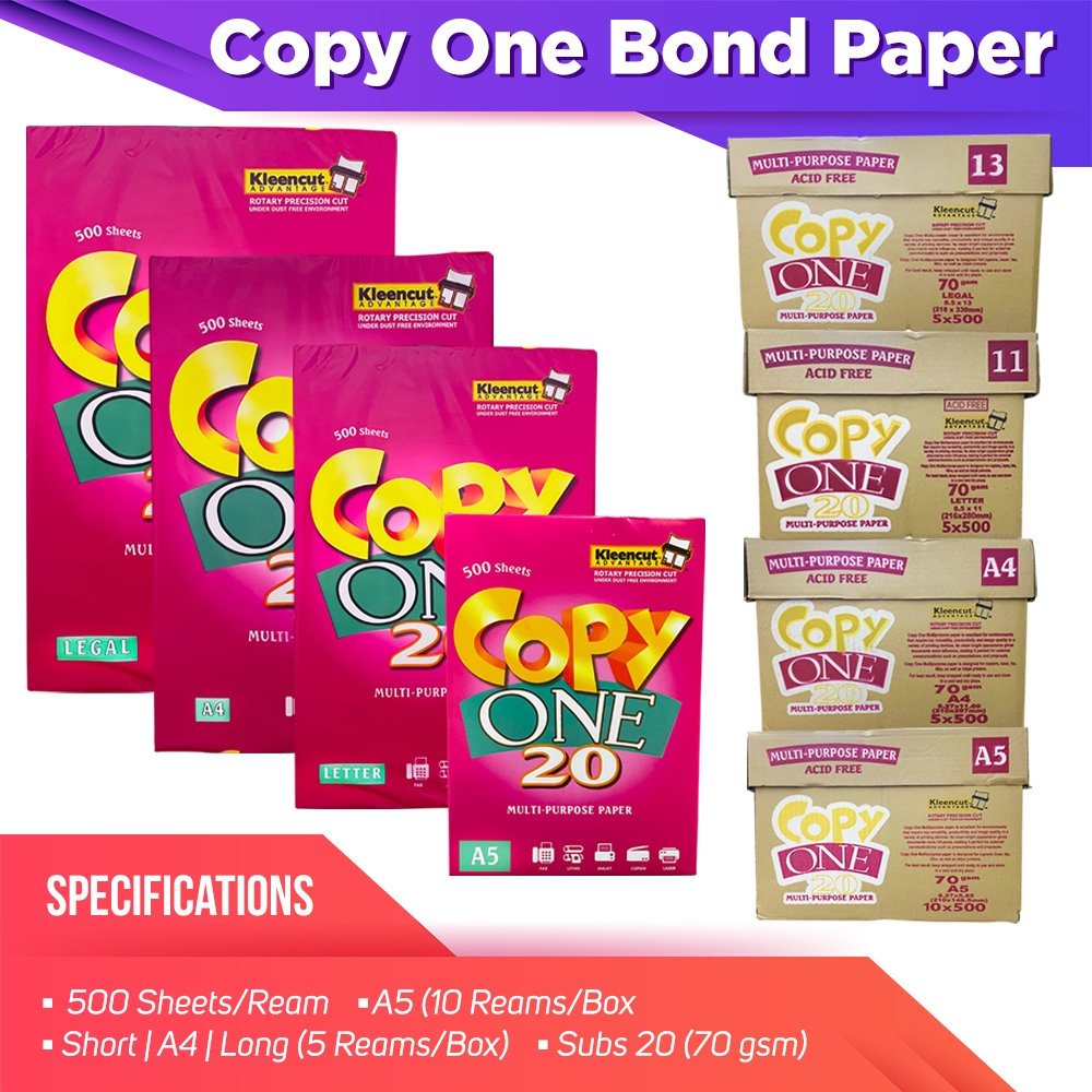 1box Copy One Bond Paper 70gsm A5 | Short | A4 | Long Size Promo Bundle ...