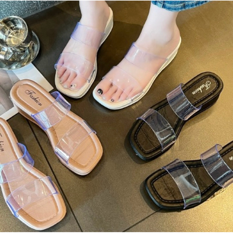 (FF11)koreaN slip on Transparent Two Strap wedge Heels For Women ...
