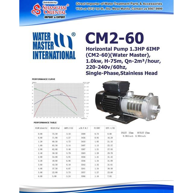 Horizontal Pump 1.3HP 6IMP (CM2-60)(Water Master), 1.0kw, H-75m, Qn-2m³ ...