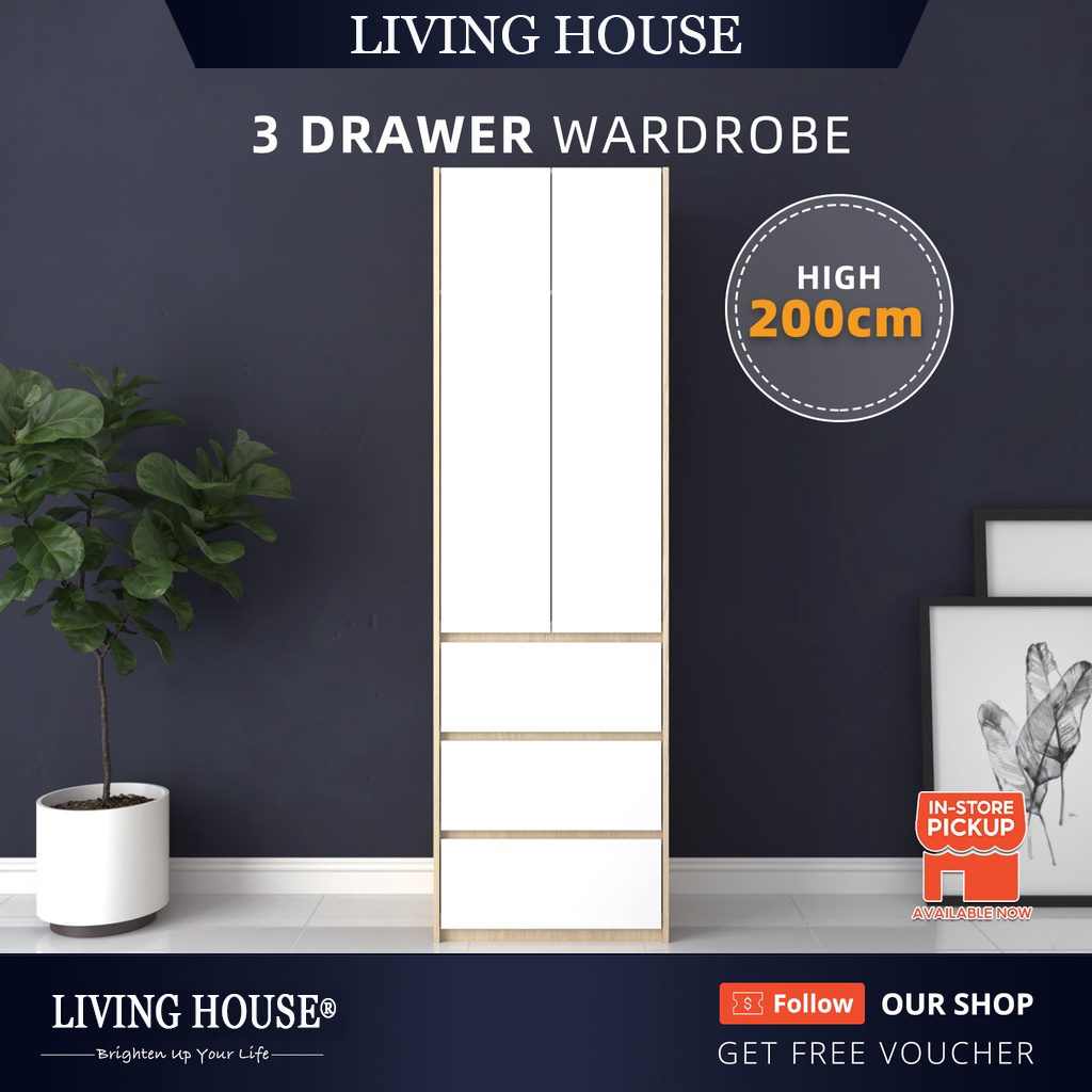 LIVING 2M Height Wardrobe 3 Drawer Bigger Size (60*40*200cm) | Shopee ...