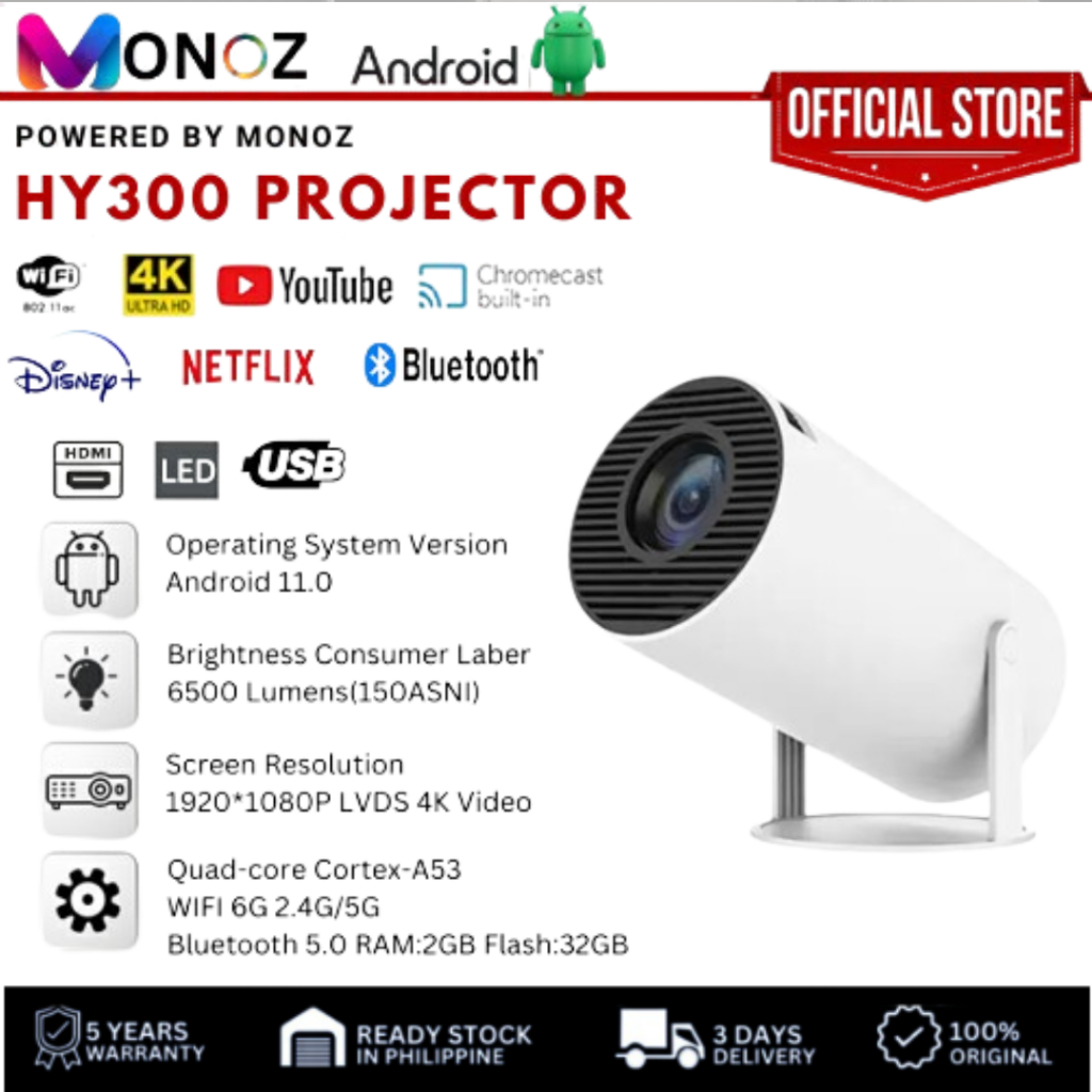 HY300 Projector Android 11.0 LCD 4K 6000 lumens HD 130 inch Screen Dual ...