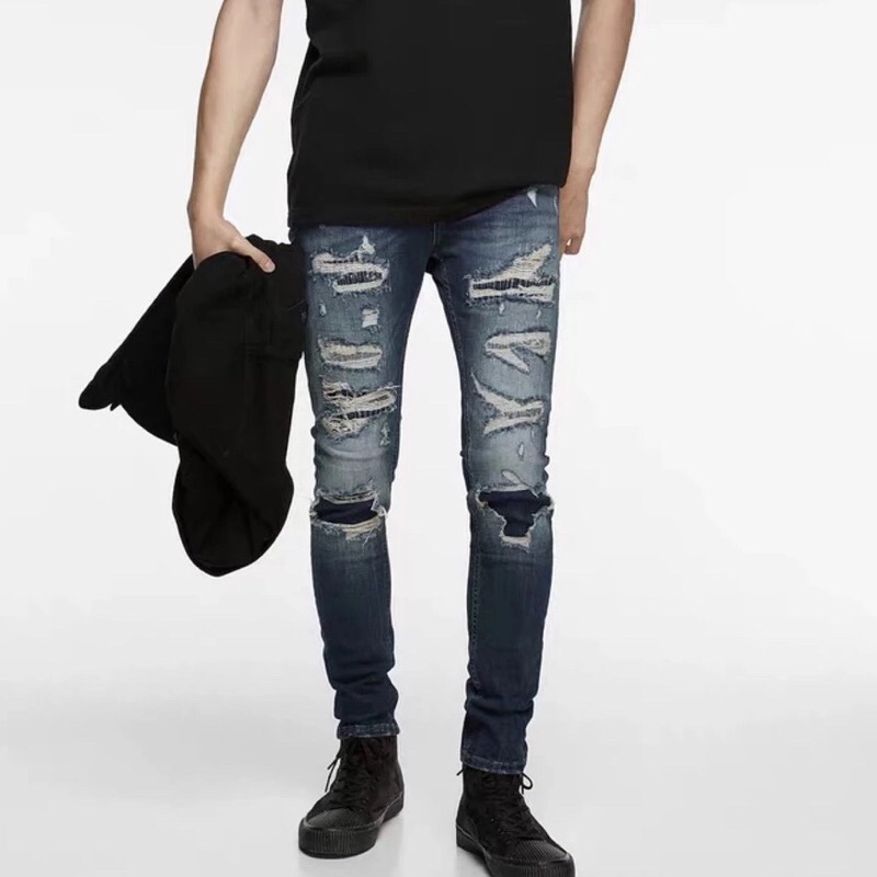 Tattered Ripped Jeans for Men Blue color Casual Denim Pants 7589 ...