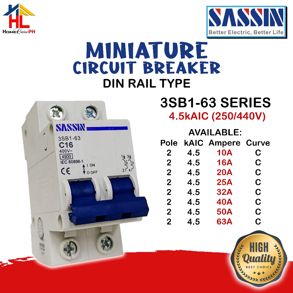 Sassin Miniature Circuit Breaker 2 Pole 4.5kAIC 250/440V | Shopee ...