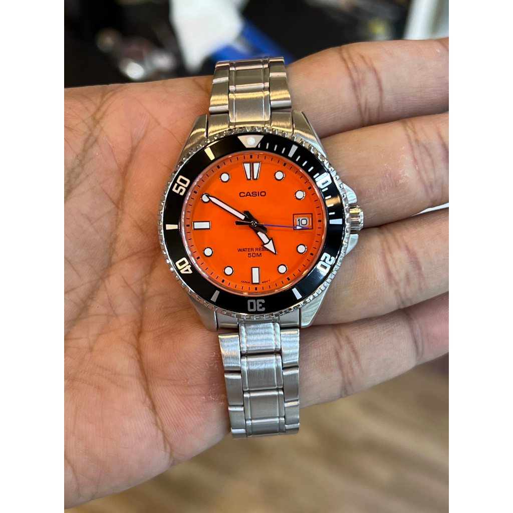ORIGINAL CASIO Analog Red Orange Dial Stainless Steel Ladies Watch MDV ...