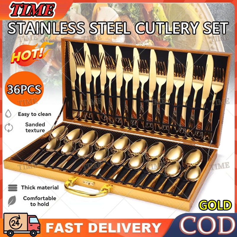 (COD)36/48 pieces/set luxury gold cutlery gold plated stainless steel ...