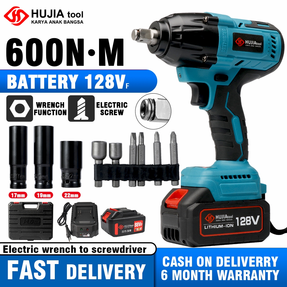 HUJIA 128V Brushless Cordless Electric Impact Wrench 1/2 inch Electric Drivers Blue Power Tools ...