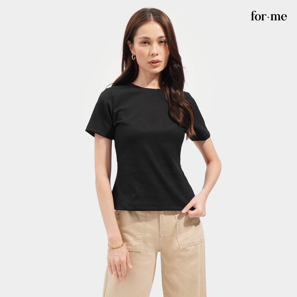 ForMe Waffle Knit Tee T-Shirt For Women (Black/Cream) | Shopee Philippines