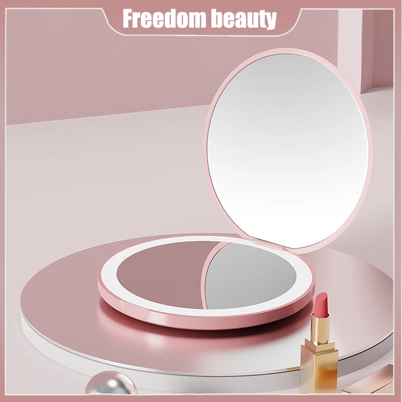 Mini LED light-emitting makeup mirror round portable portable folding ...