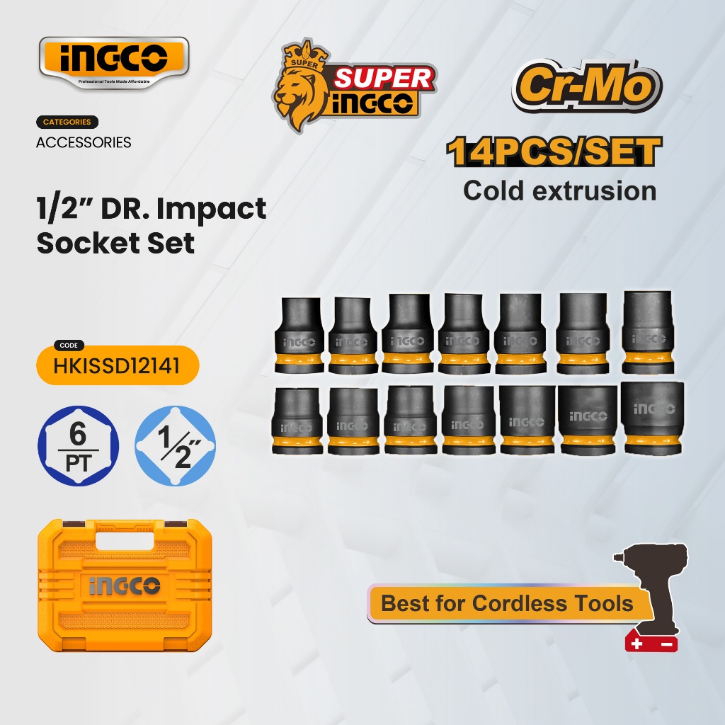 Ingco 14pcs 1/2" DR.Impact Socket Set 10mm-27mm for Impact Wrench ...