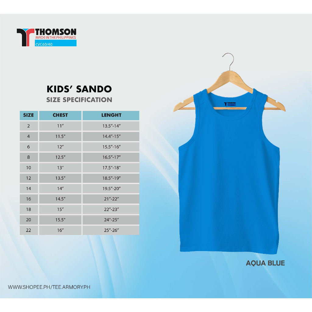 THOMSON COLORED SANDO FOR KIDS SIZES 16/18/20/22 | Shopee Philippines