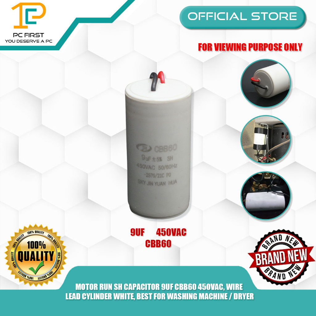 MOTOR RUN SH CAPACITOR 9UF CBB60 450VAC, WIRE LEAD CYLINDER WHITE, BEST ...