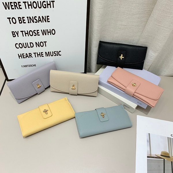 Women's Long Wallet Twist Lock Plain Leather with Compartments Purse ...