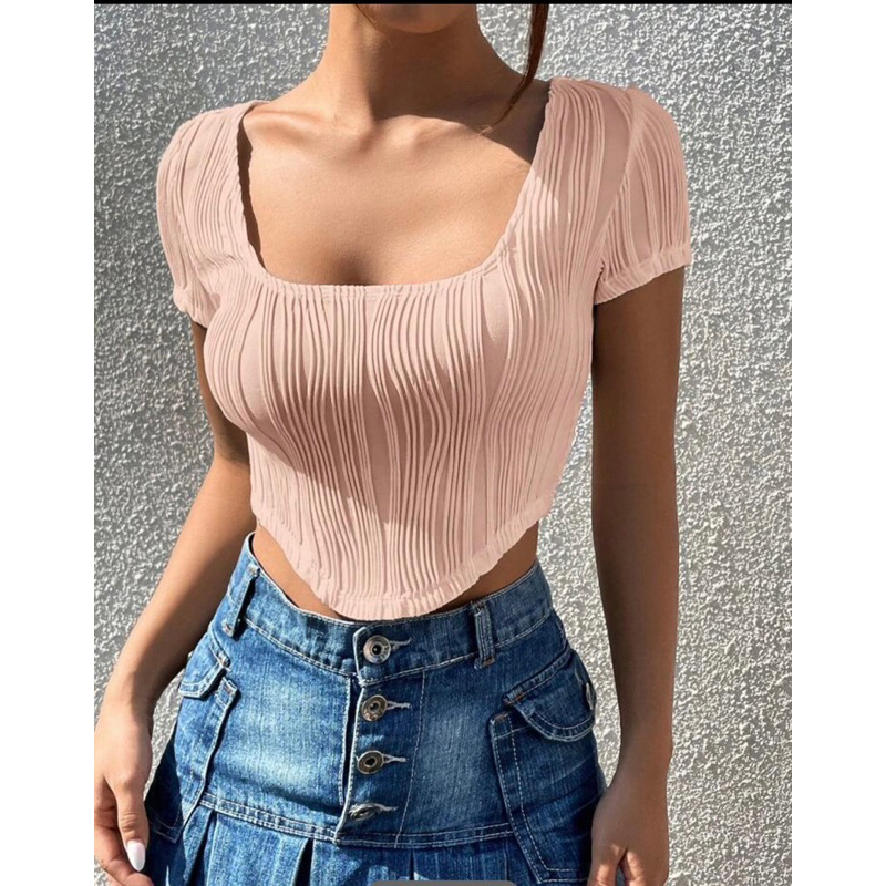 YANA Embossed Wave Pointed Crop Top) | Shopee Philippines