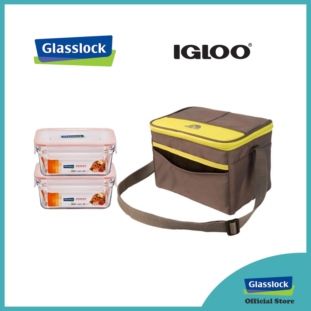 [BUNDLE] 2pcs Glasslock Oven Safe Rimless Rect 1020ml + Igloo Collapse and Cool 6 Lunch Bag ...