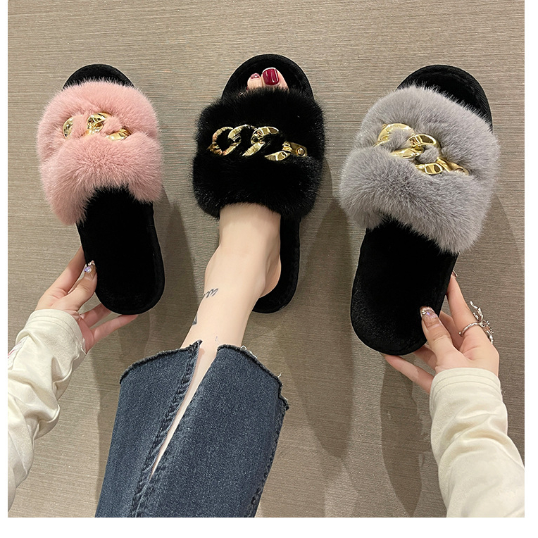 New style metal chain women's fashionable warm furry slippers | Shopee ...
