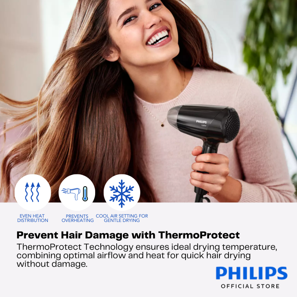 Philips EssentialCare Hair Dryer with ThermoProtect Technology(Foldable Blower, Hair Care, Fast ...