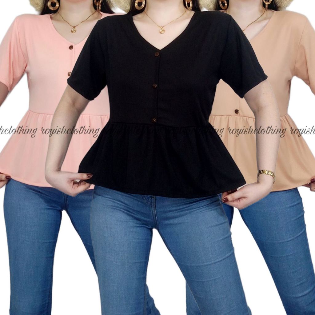 Sophia Knitted Shirring Peplum Blouses | Shopee Philippines