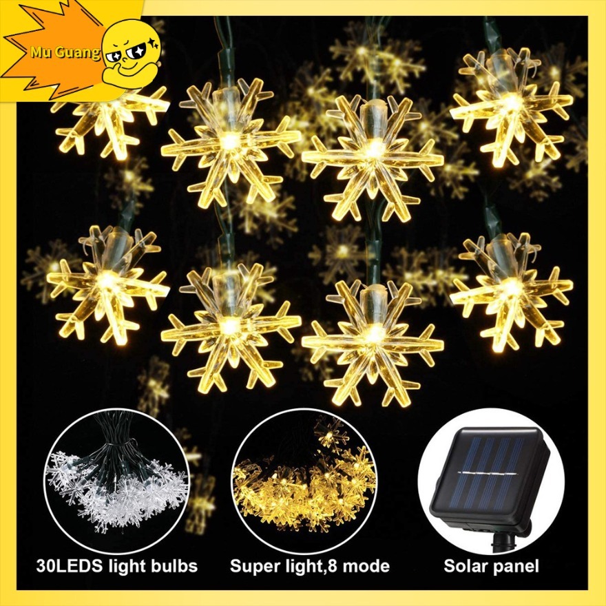 Solar String Lights Outdoor 5M 30LE Christmas Snowflake Lights with 8 ...