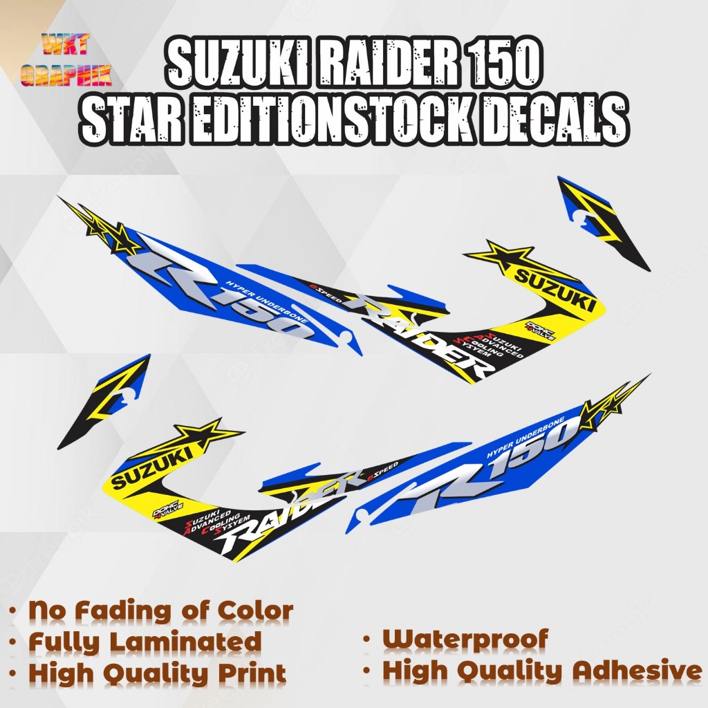 SUZUKI RAIDER 150 STAR DESIGN MOTORCYCLE STOCK DECALS (WATERPROOF, NO ...