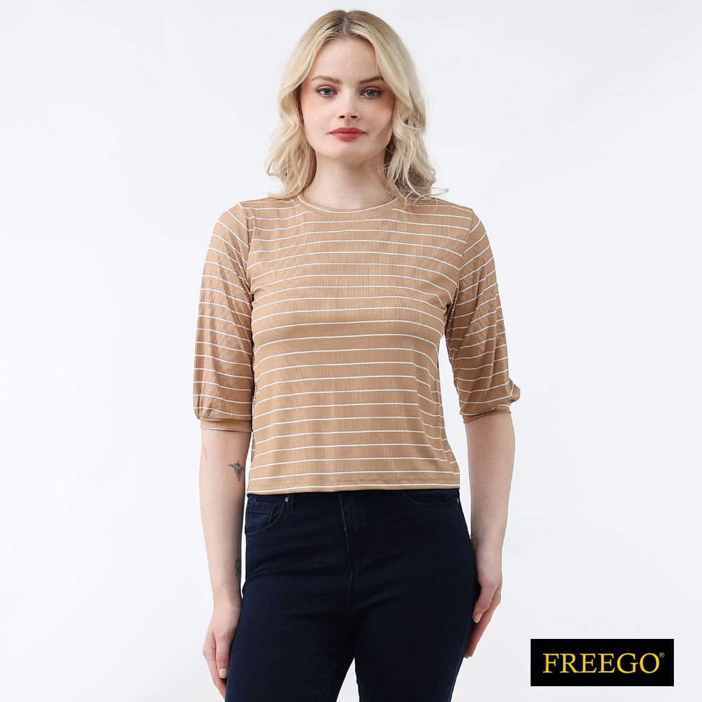 Freego Ladies Special Ribbing Stripes Knits 3/4 Blouse AST12-0036 ...