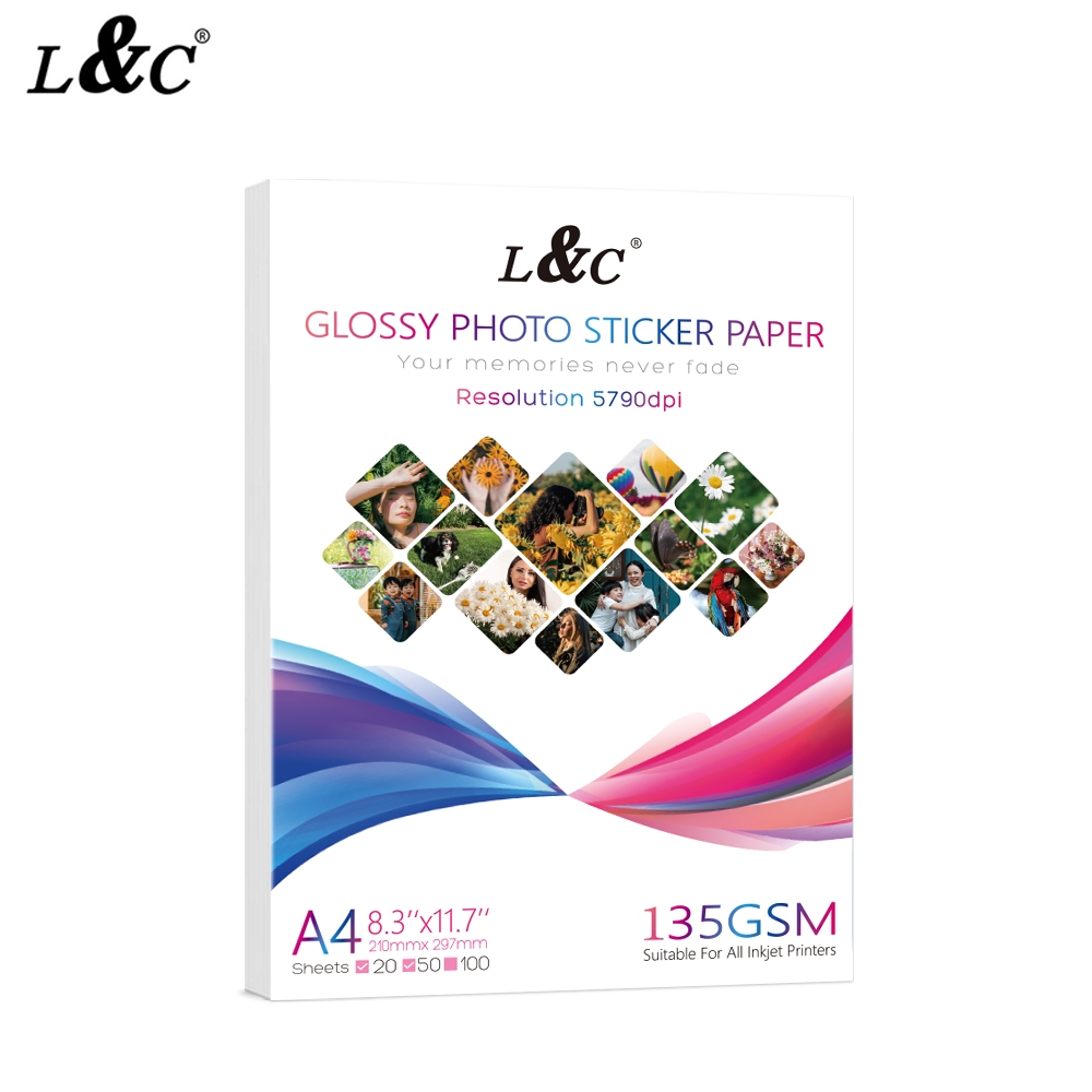 L&C Photo Sticker Paper 135gsm Glossy A4 Size 20/50Sheets Waterproof ...