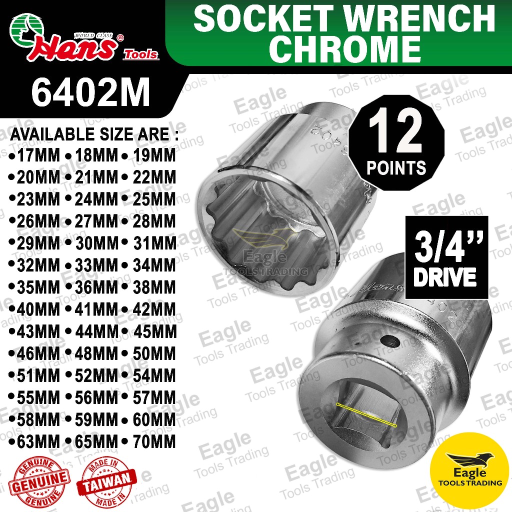 Hans 3/4'' Dr Chrome Socket Wrench 12 Points 6400M/6402M | CHOOSE THE ...