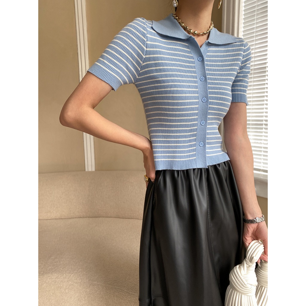 Jolly Chic Button-up Stripe Polo Neck Knitted Top M1049 | Shopee ...