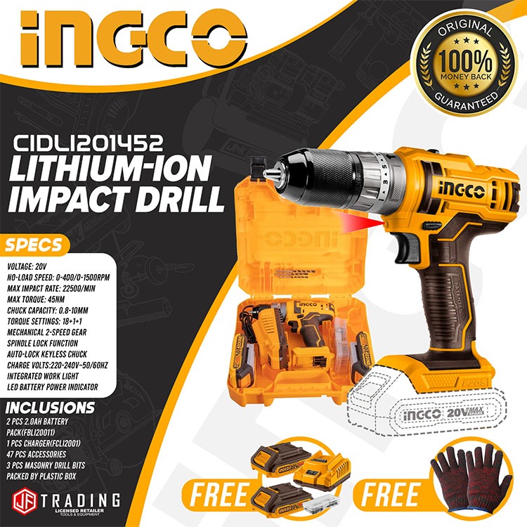 INGCO LITHIUM-ION IMPACT DRILL 20V CIDLI201452 High Quality WITH ...