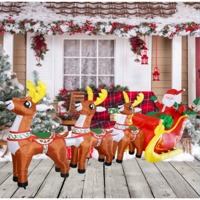 12 Ft Santa Reindeer Sleigh Christmas Inflatable With Built-In LED ...