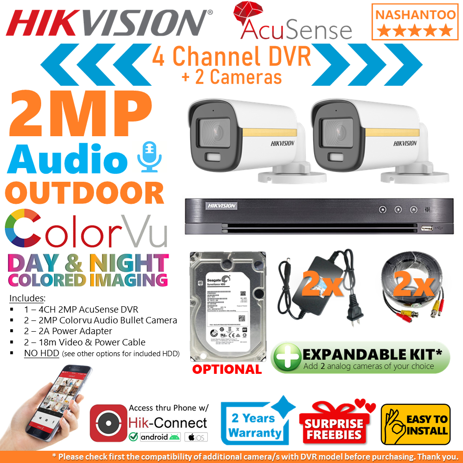 HIKVISION 4CH 2MP ColorVU Audio 2Cameras Outdoor Bullet 4CH DIY CCTV Package Kit 4/2CRA2 PA(2B ...