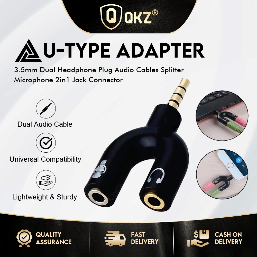 U-Type Adapter Dual Headphone Plug Audio Cables Splitter Microphone 2 ...