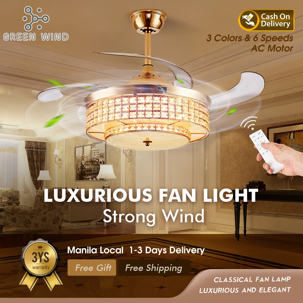 GREEN WIND Ceiling Light With Fan 42inch Crystal Chandelier Inverter ...