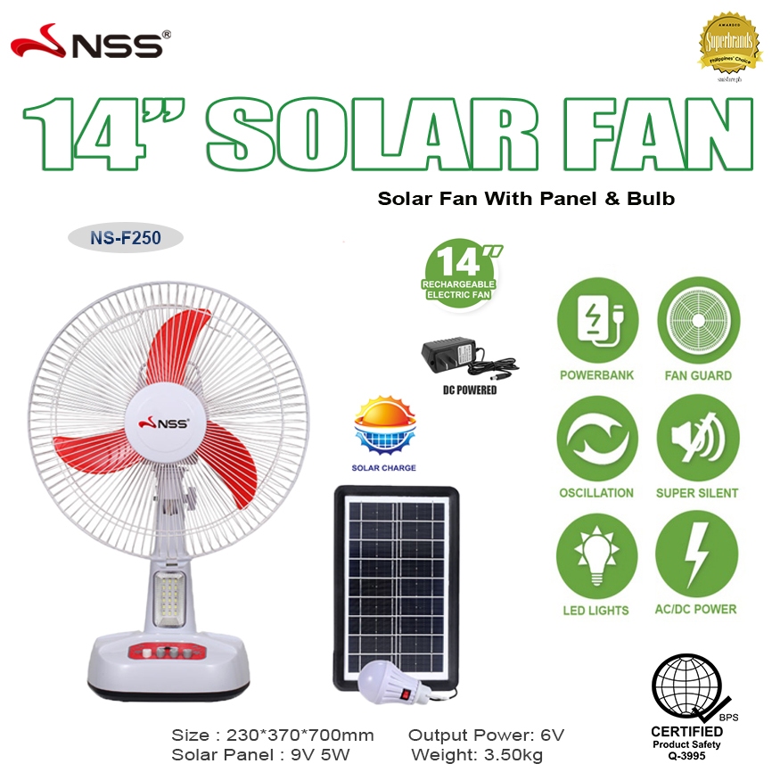 NSS Solar Fan Rechargable 14 inch Solar Desk Fan With Solar Panel ...