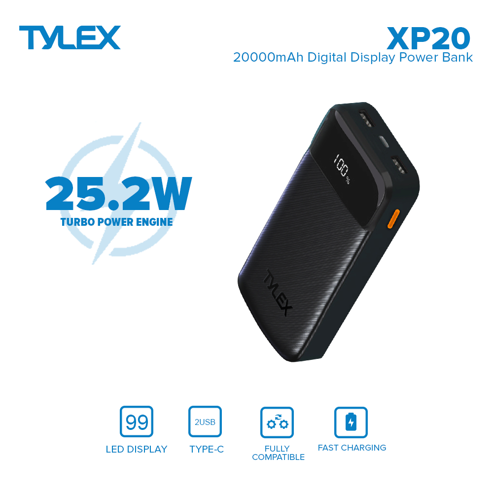 TYLEX XP20 20000mAh Powerbank Type-C Fast Charge 25.2W LED Display 3 ...