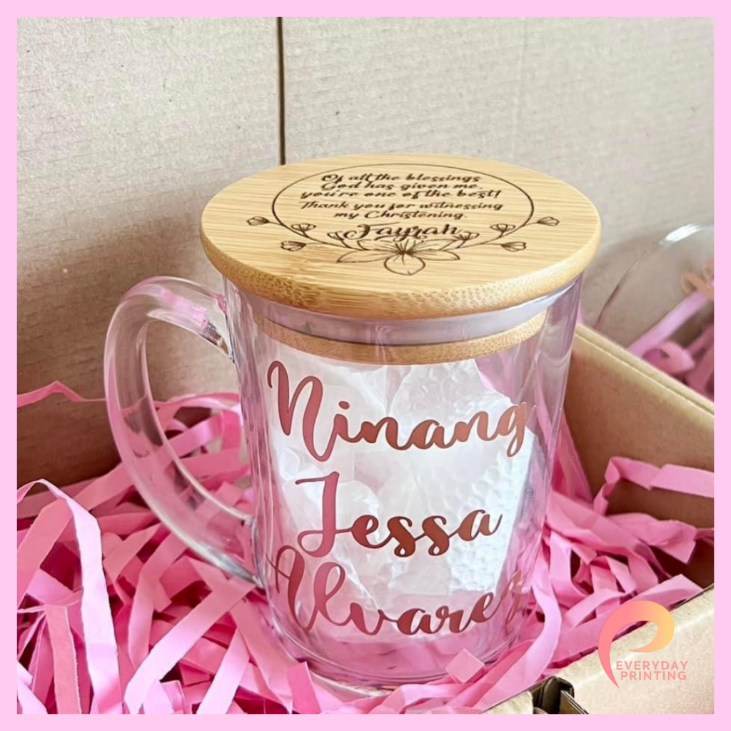 Personalized Clear Glass Mug with Decal Sticker Print and Wooden Bamboo ...