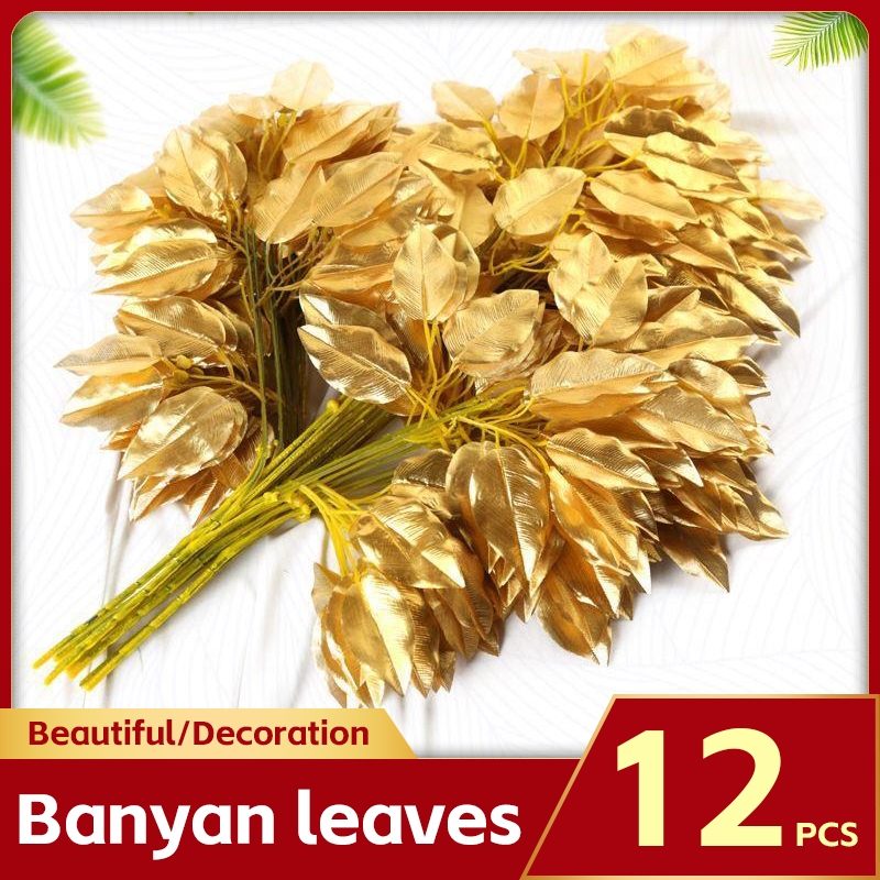 12pcs Golden Artificial Banyan Leaves Beautify Indoor Party Decoration ...