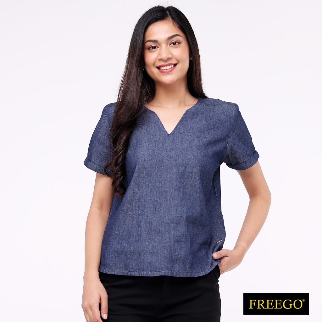 Freego Ladies Chambray Short Sleeves Blouse APT04-0039 | Shopee Philippines
