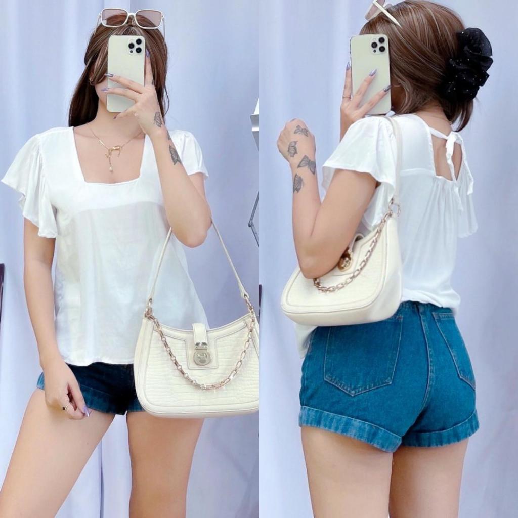 Chalis Back String Style Butterfly Sleeves Square Neck Basic Daily Top ...