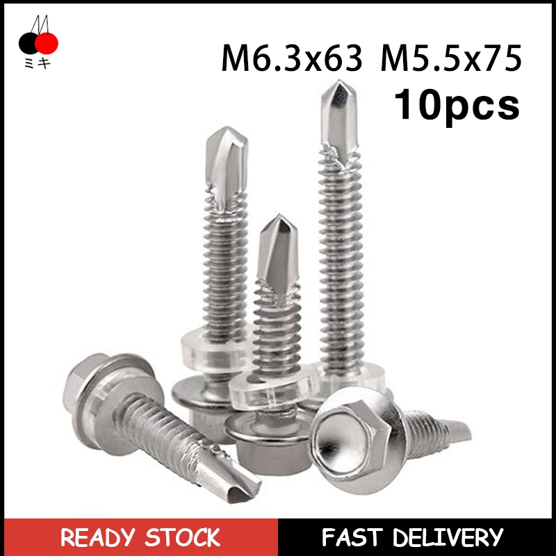 10pcs Self-drilling Screw Stainless Steel External Hex M5.2 M6.3 ...