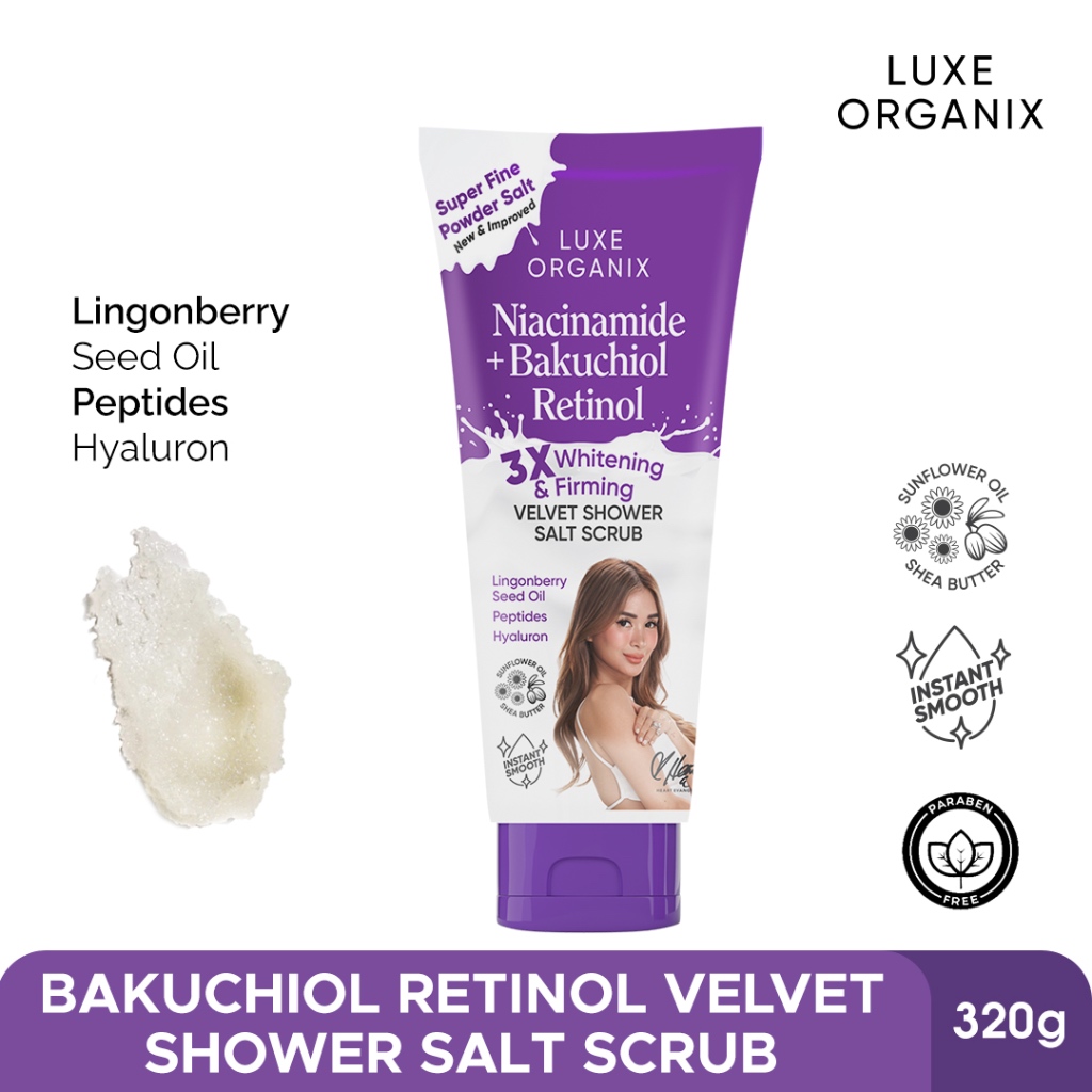 Luxe Organix Niacinamide + Bakuchiol Retinol Velvet Shower Salt Scrub ...