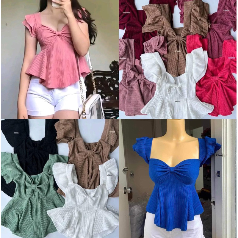 ERIN | BARBARA Peplum Ribbon Bark Crepe Top Lettuce | Shopee Philippines