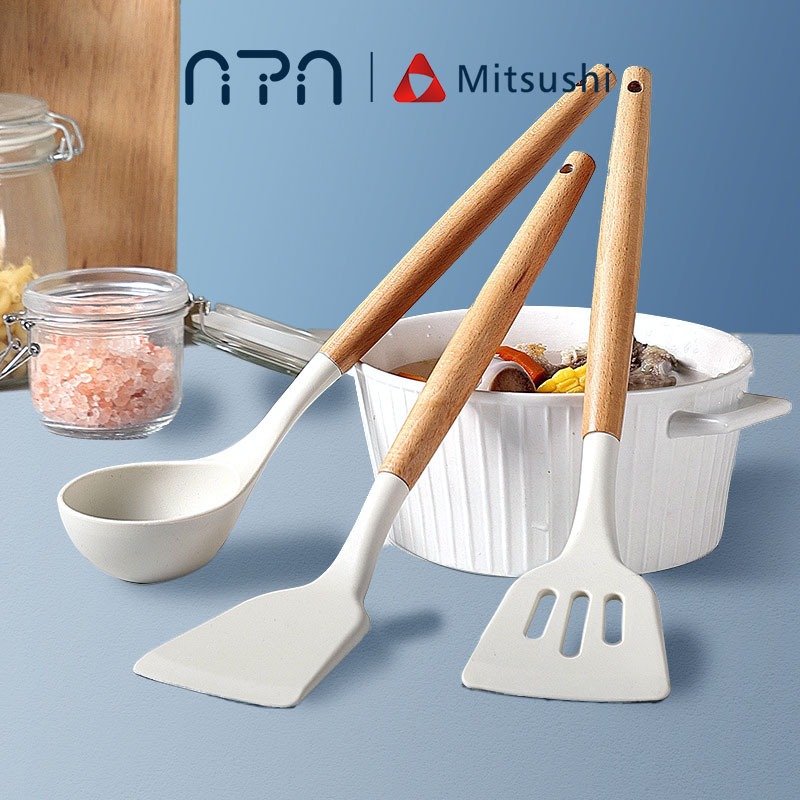Nipiin White Silicone Wooden Kitchen Utensils Spatula Cooking Tools Set ...