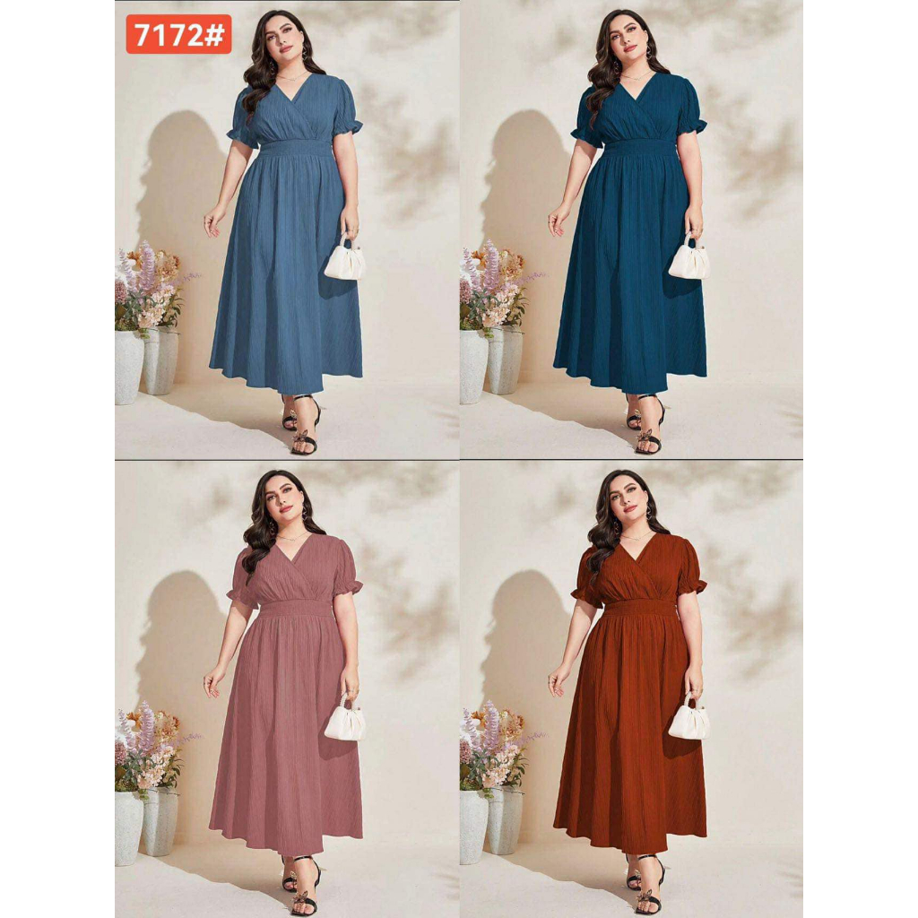 Plus Size Casual Maxi Puff Sleeve Dress Plain Blue Pink Maroon Korean ...