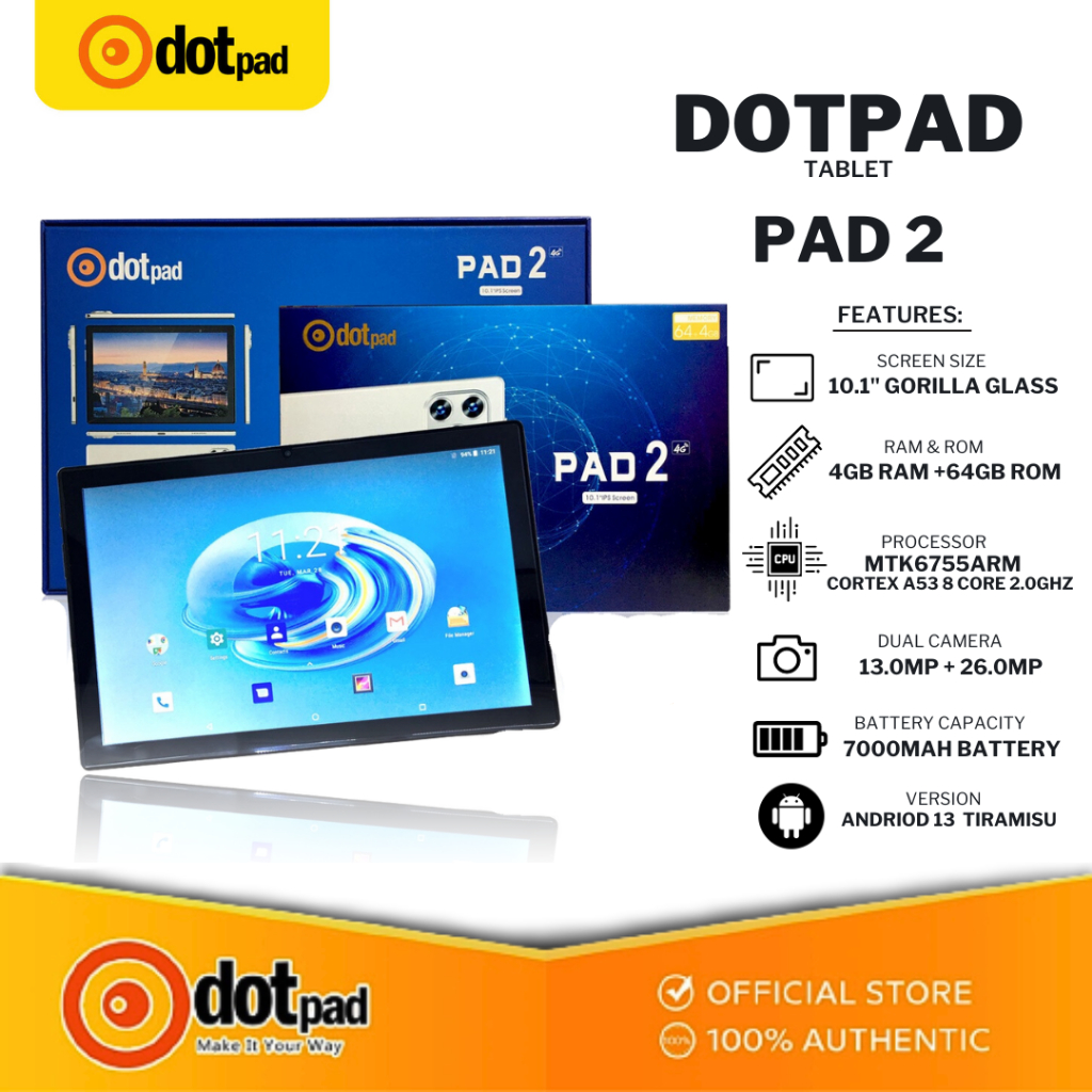 DP Dotpad PAD 2 10.1" inch Android 13 Tablet 4GB RAM + 64GB ROAM 4G ...