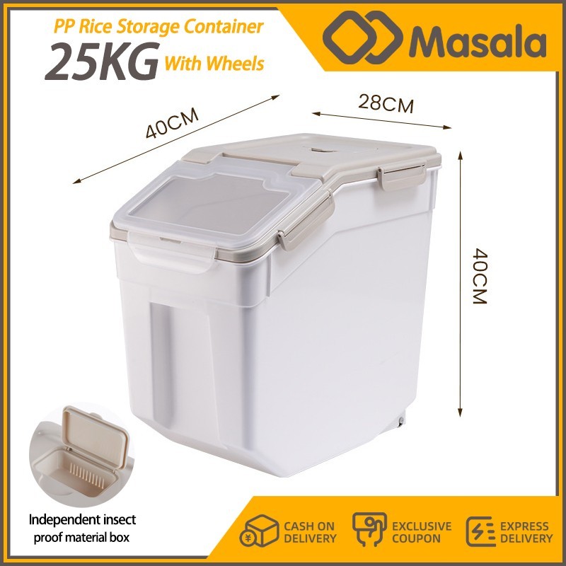 25kg Capacity Rice Storage Container with Locking Lid Measuring Cup ...