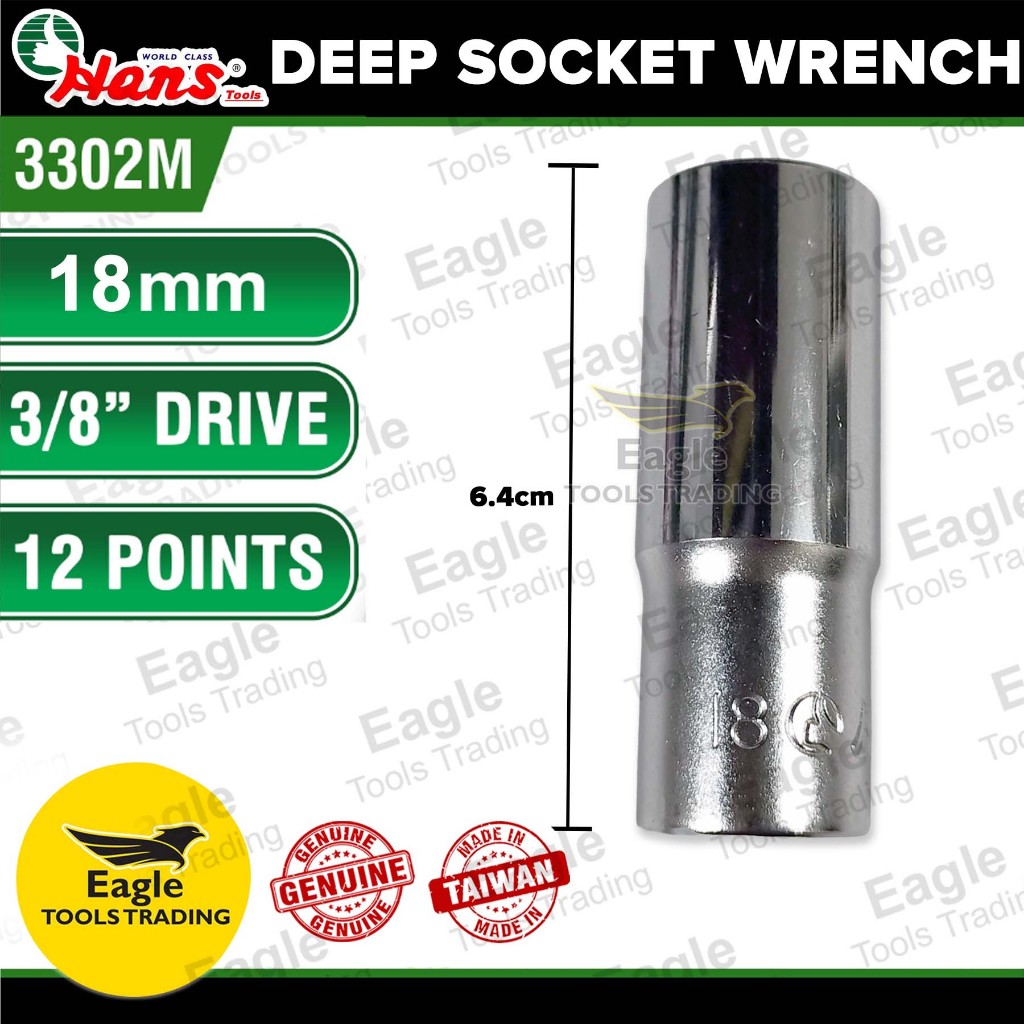 Hans Deep Socket Wrench Chrome 18mm 12 points 3/8 inch drive 3302M ...