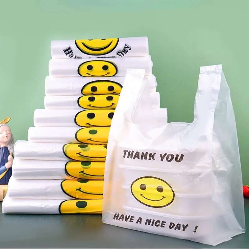 50 Pcs Grocery Bag Transparent Shopping Bag Happy Shopping Plastic Bags ...